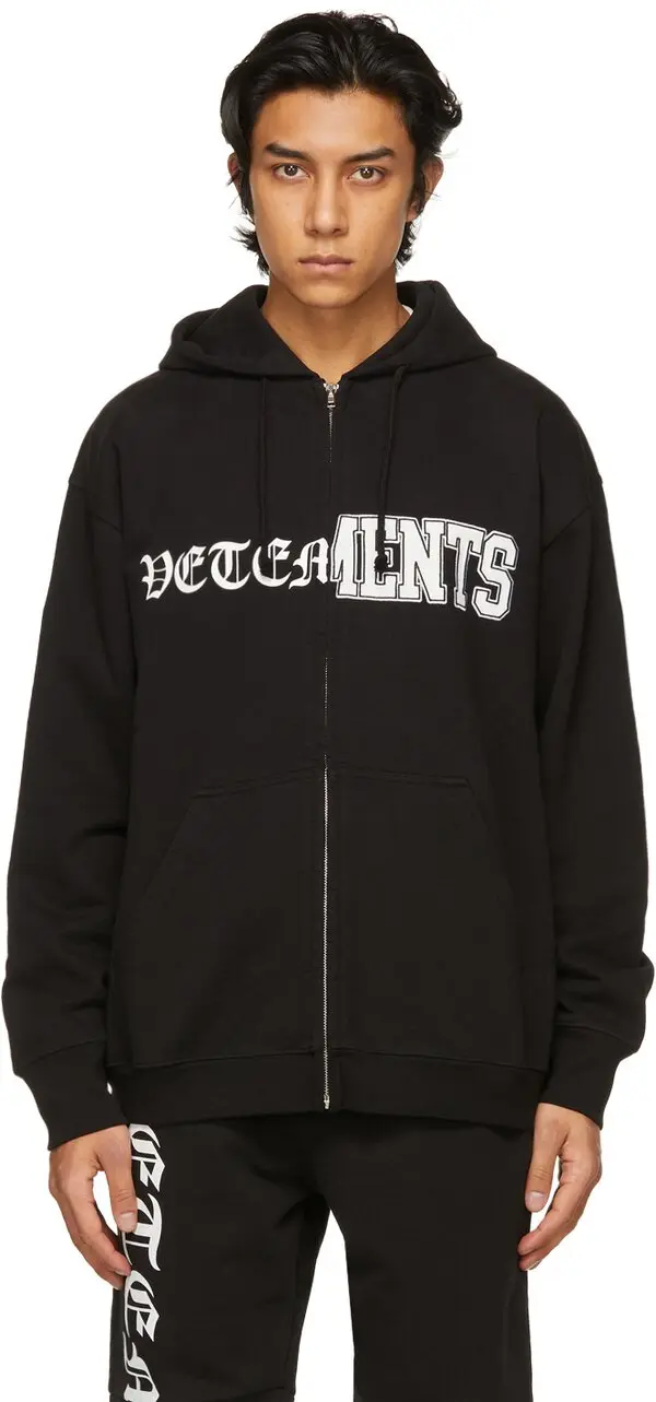Vetements Black Vertical Cut-Up Logo Zip-Up Hoodie In Black